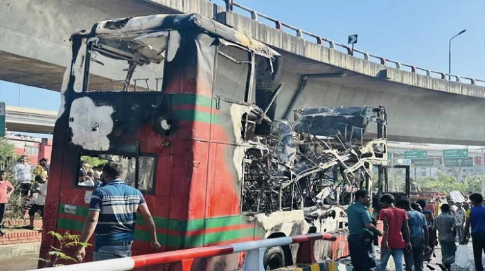 BRTC's double-decker bus burnt into ashes in Dhaka